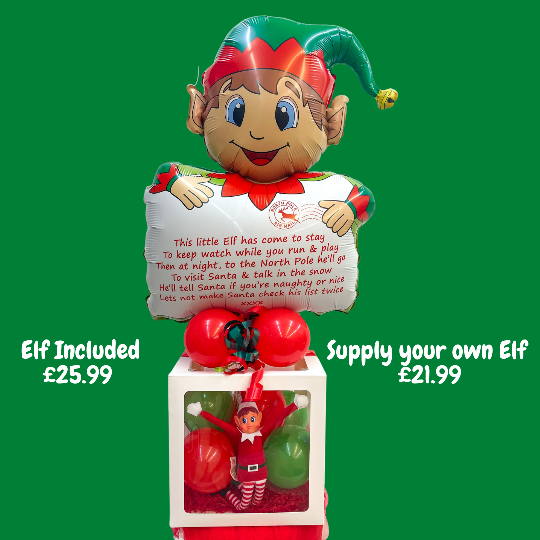Naughty Elf inside Clear Balloon Box with Large Elf Balloon Attached ...
